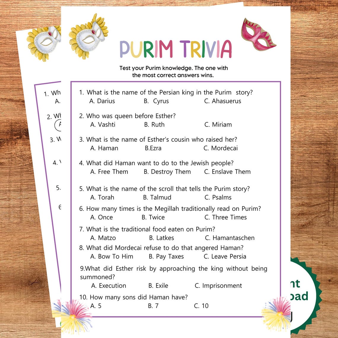 Purim Trivia Game Printable, Purim Games for Kids, Purim Party Games ...