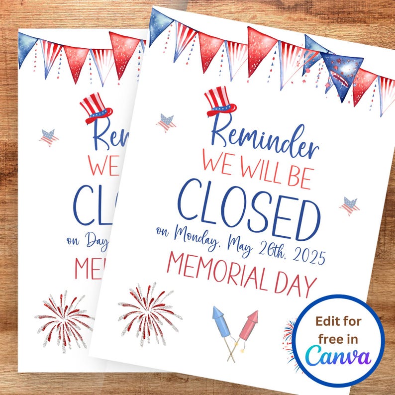 Editable We Will Be Closed Memorial Day Sign Template, Printable ...