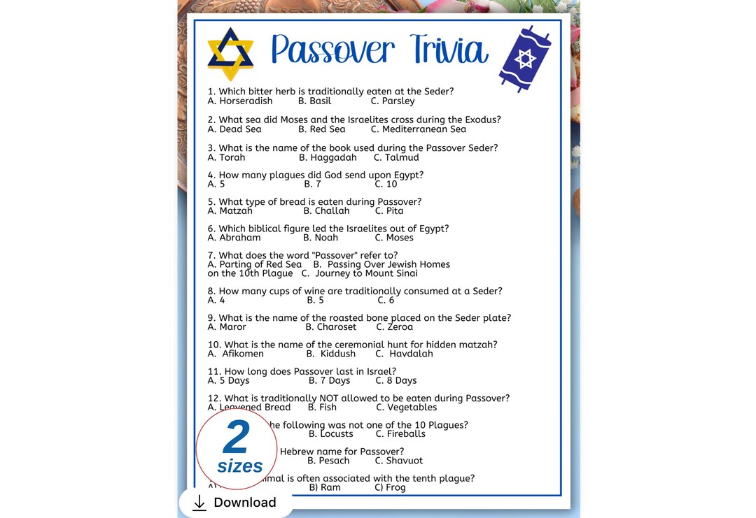 Passover Trivia Game Printable, Passover Holiday Party Game, Passover ...