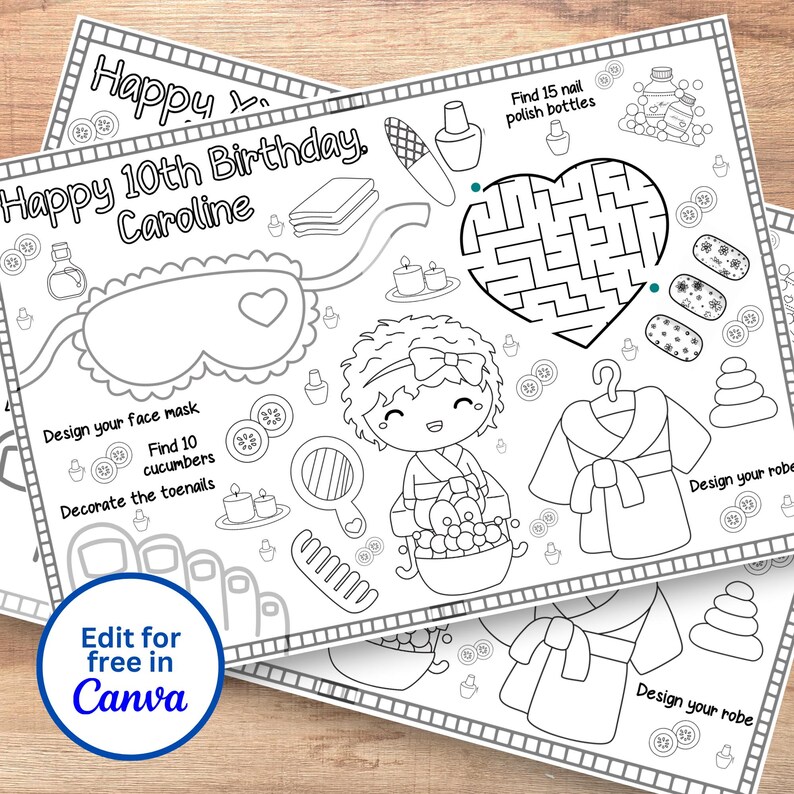 Editable Spa Party Coloring Placemat Printable, Spa Birthday Activity ...