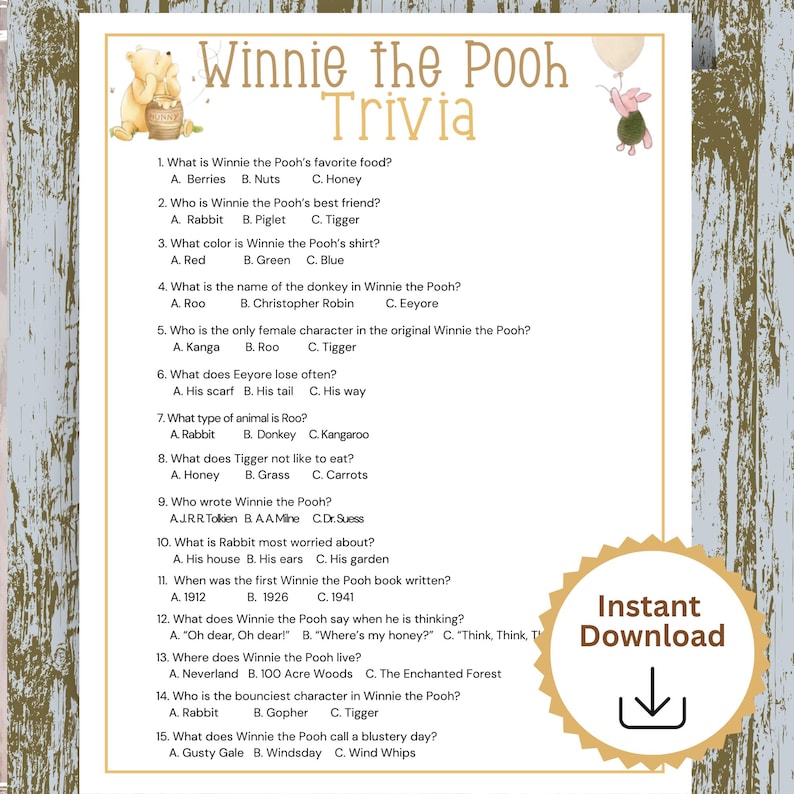 Printable Winnie the Pooh Trivia Game, Winnie the Pooh Baby Shower ...