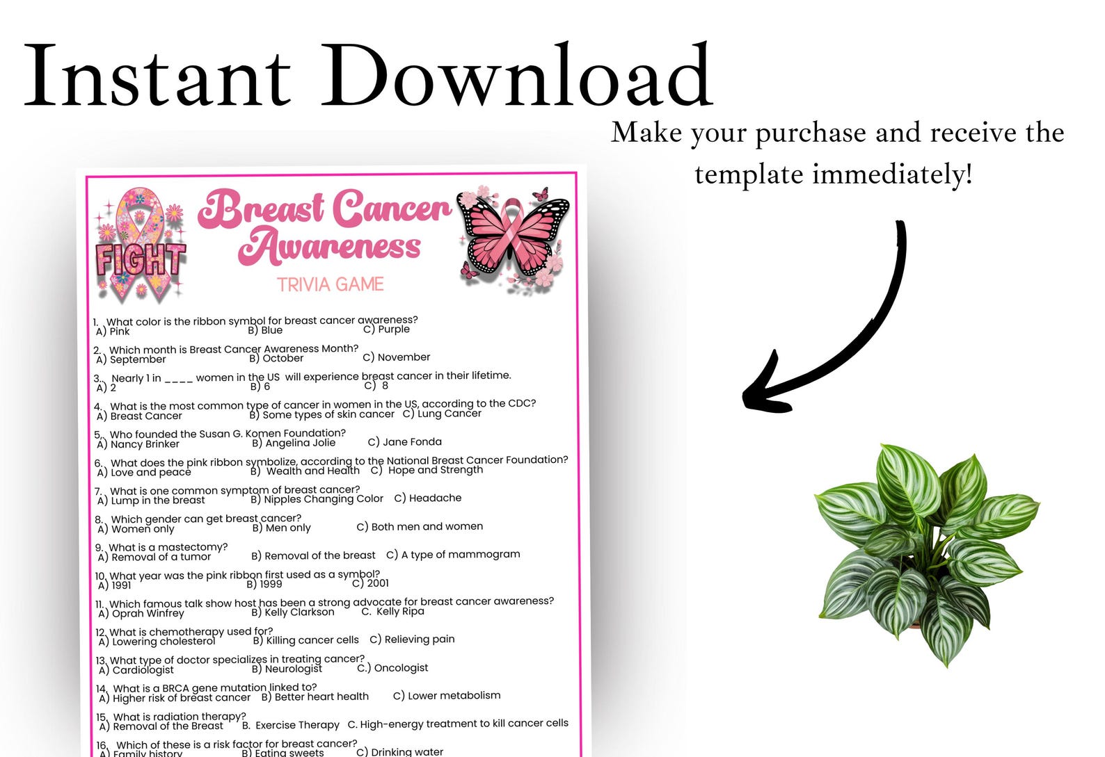 Breast Cancer Awareness Trivia Printable, Pink Ribbon Fundraiser Party ...