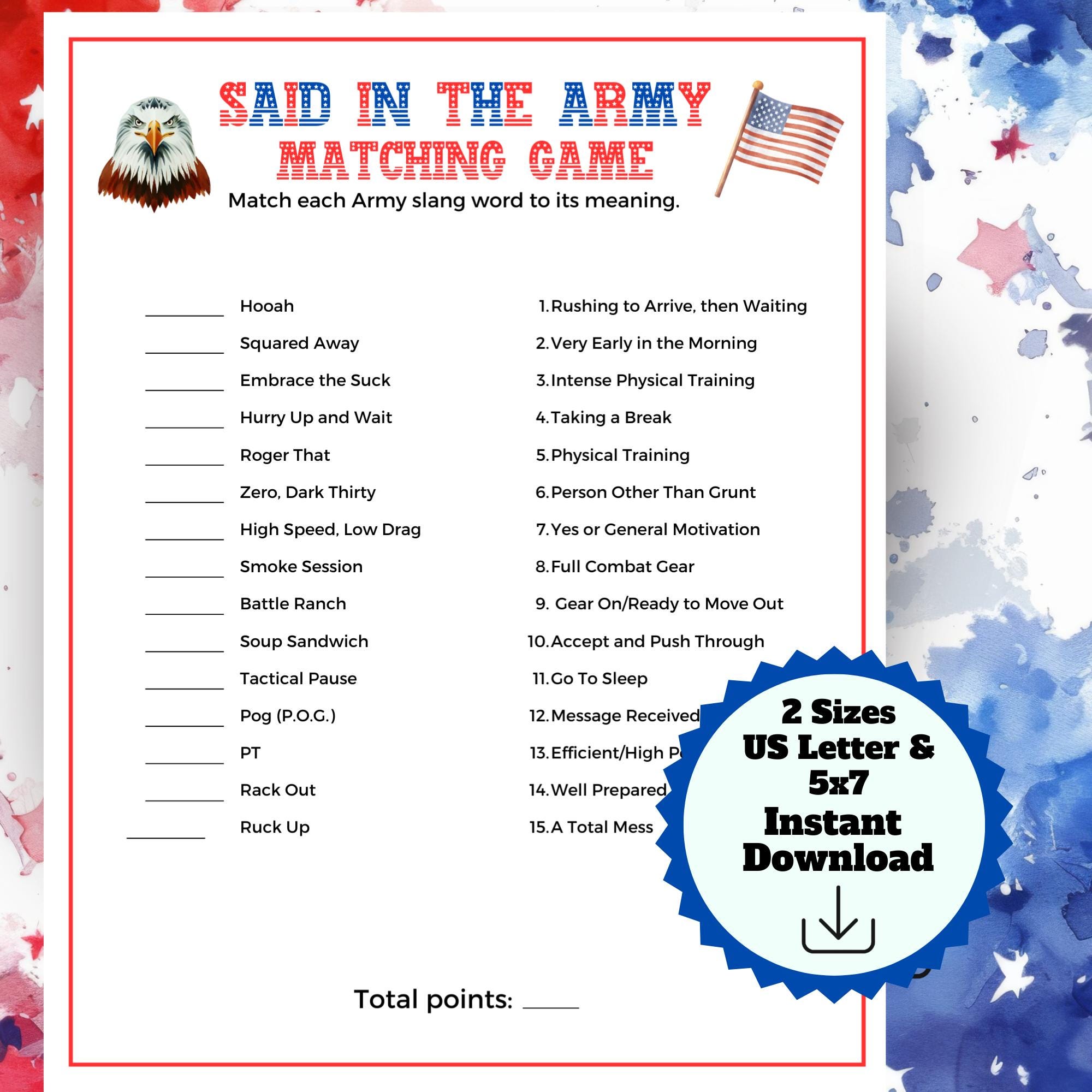 Printable Memorial Day Said in the Army Matching Game, Memorial Day ...