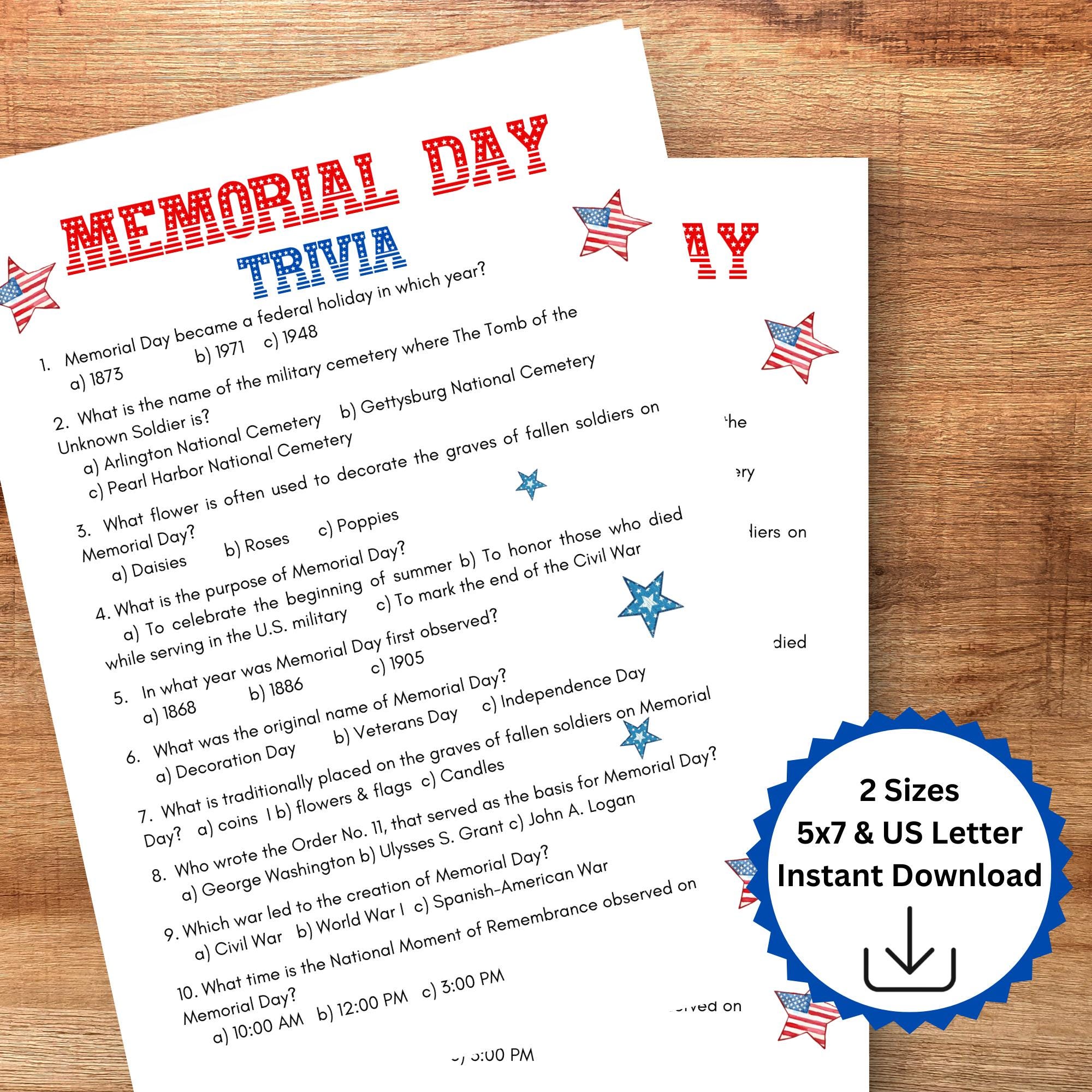 Memorial Day Trivia Printable, Memorial Day Celebration Activity ...