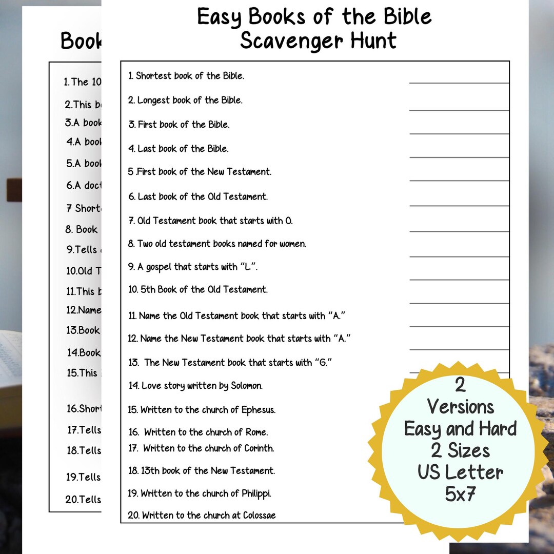 Books of the Bible Scavenger Hunt Printable Set, Sunday School Activity ...