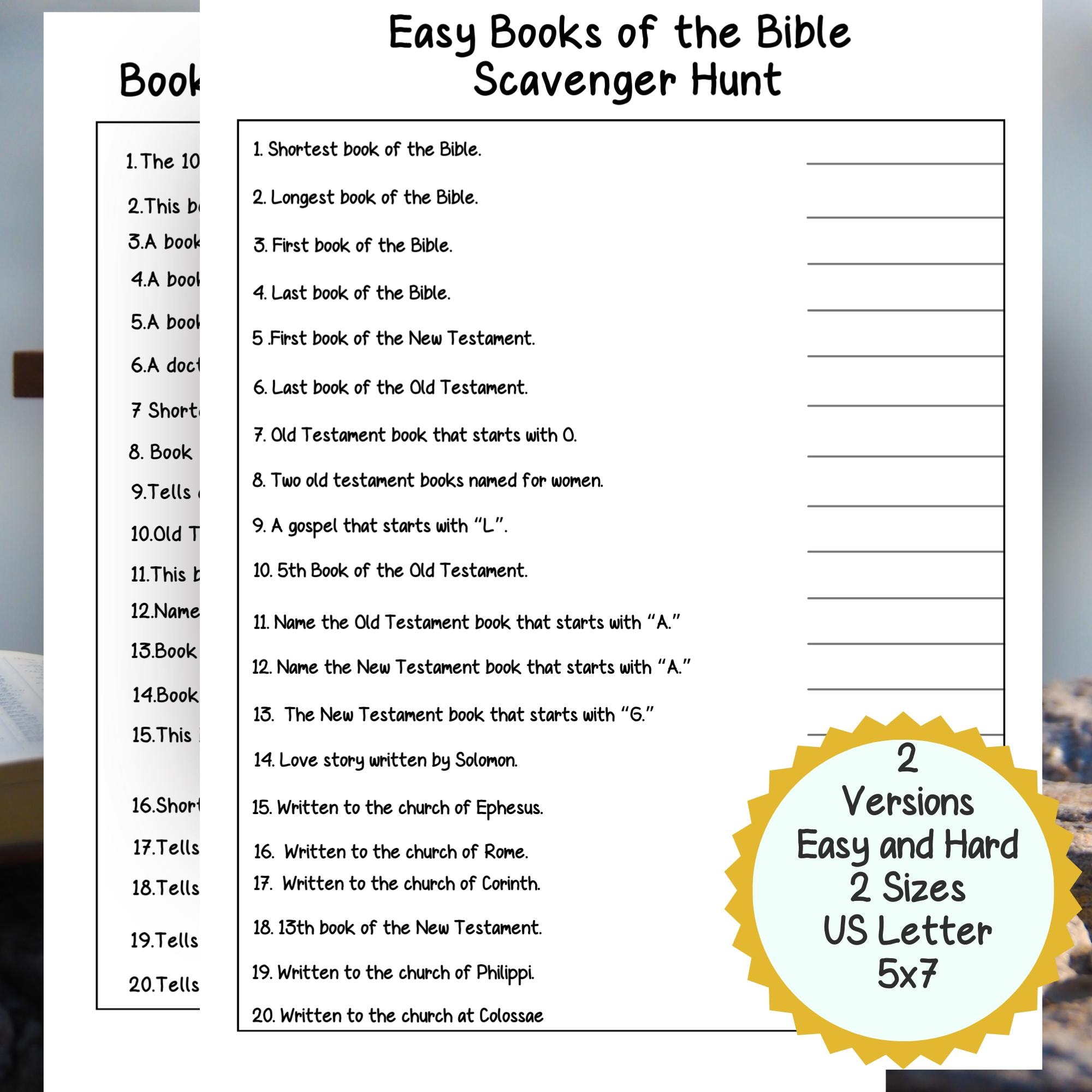 Books of the Bible Scavenger Hunt Printable Set, Sunday School Activity ...