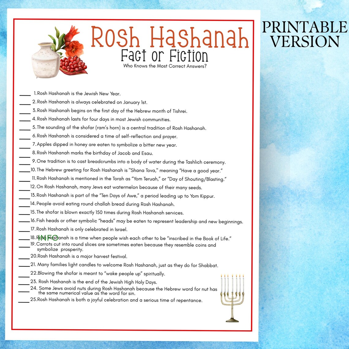 Rosh Hashanah Fact or Fiction Game Printable, Rosh Hashanah Trivia ...