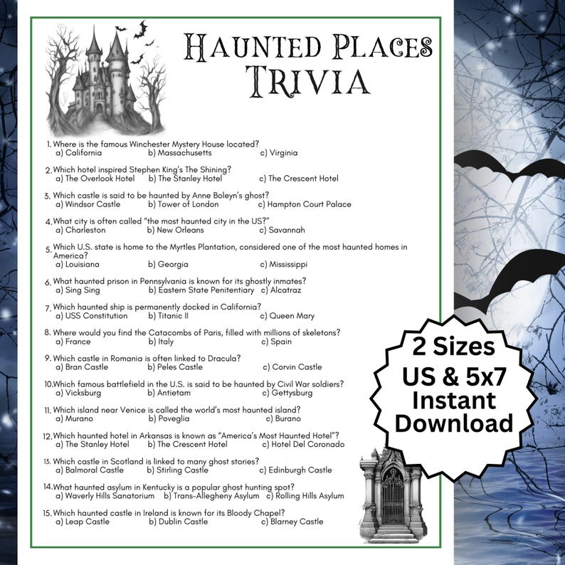 Haunted Places Trivia Quiz Printable, Haunted Places Halloween Trivia ...