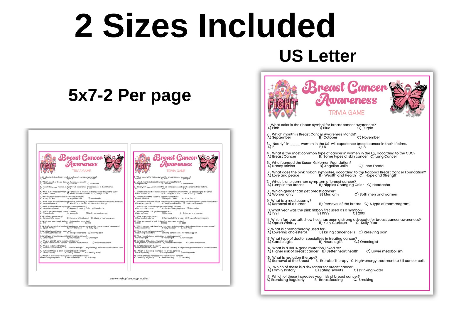 Breast Cancer Awareness Trivia Printable, Pink Ribbon Fundraiser Party ...