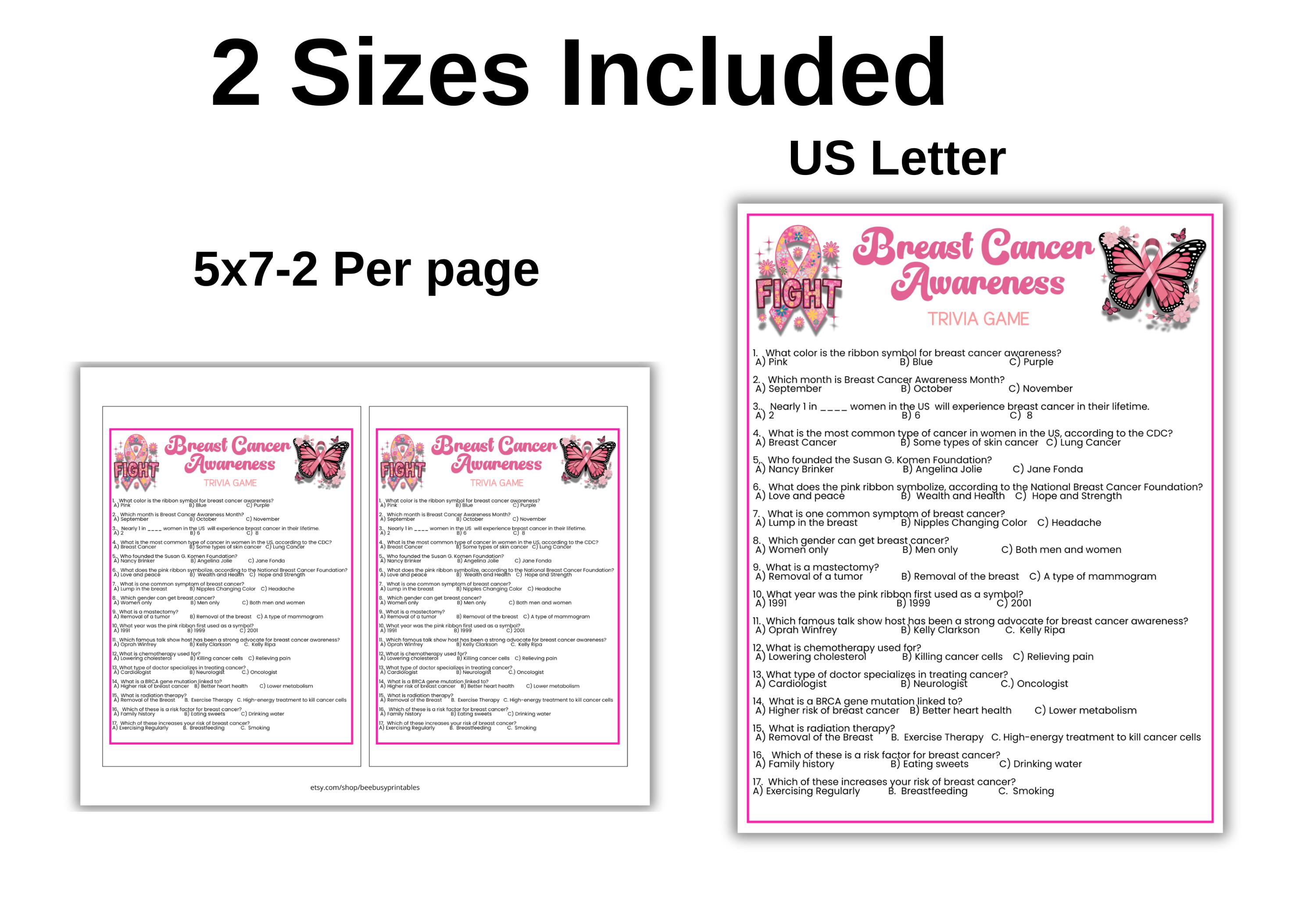 Breast Cancer Awareness Trivia Printable, Pink Ribbon Fundraiser Party ...