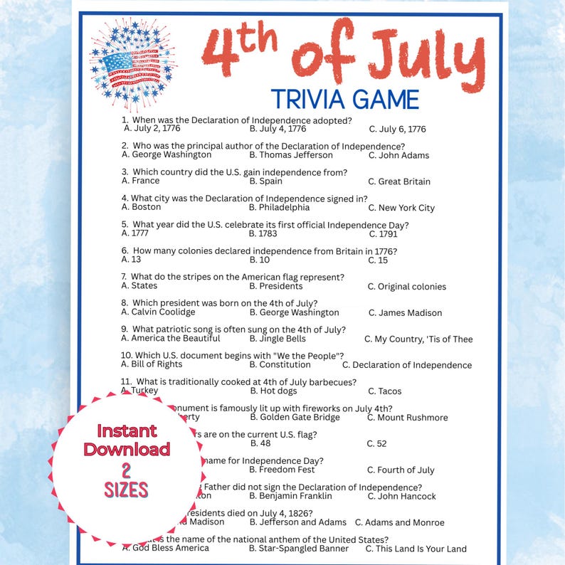 4th of July Trivia Game Printable, Independence Day Games, 4th of July ...
