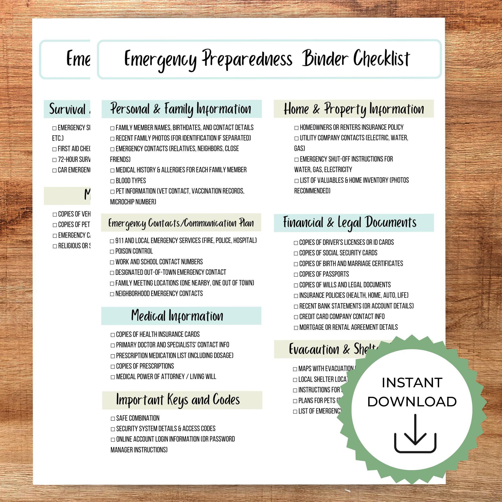 Emergency Preparedness Binder Checklist Printable, Disaster ...
