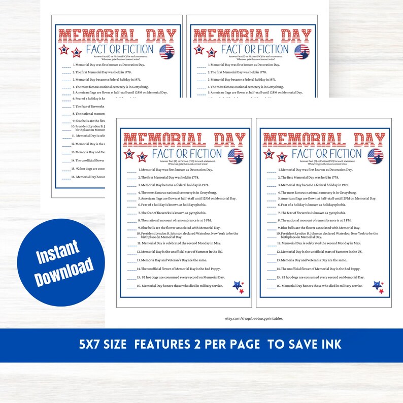 Memorial Day Fact or Fiction Game, Memorial Day Trivia Game, Memorial ...