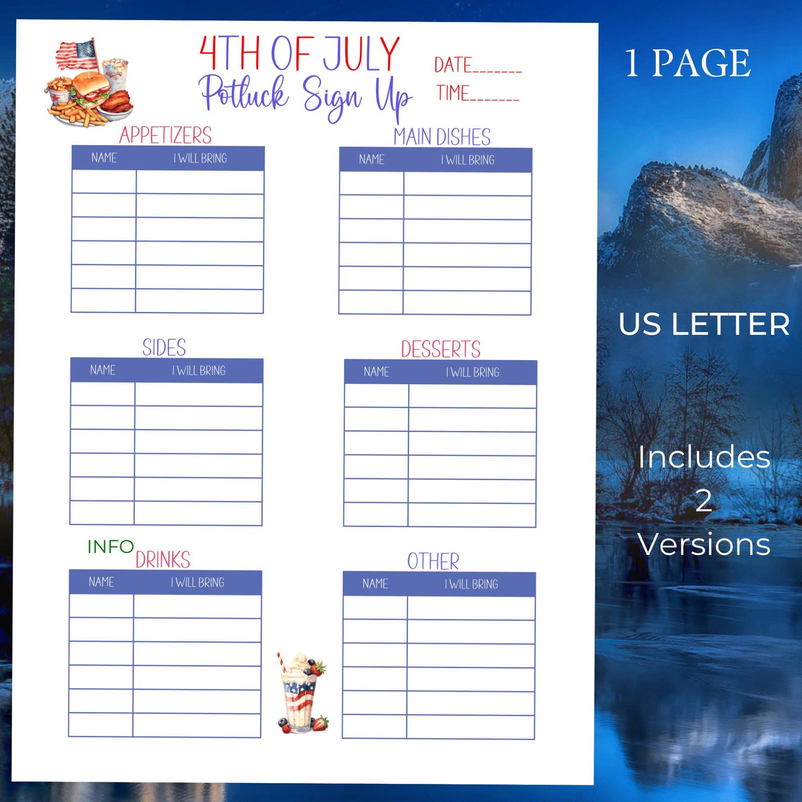 July 4th Potluck Sign up Sheet, Potluck Sign up Template, Fillable ...