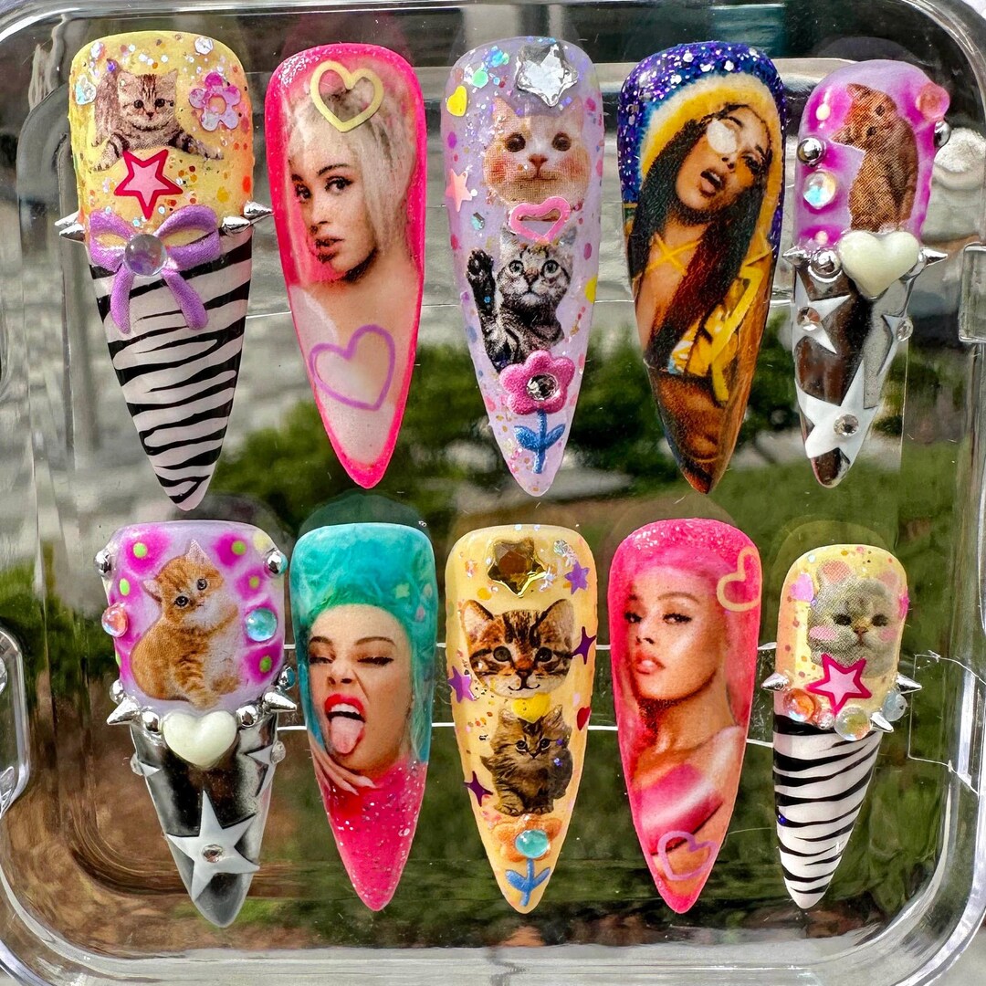 Doja and Cute Cats Y2K Press on Nails With Glitter, Chrome and Zebra ...