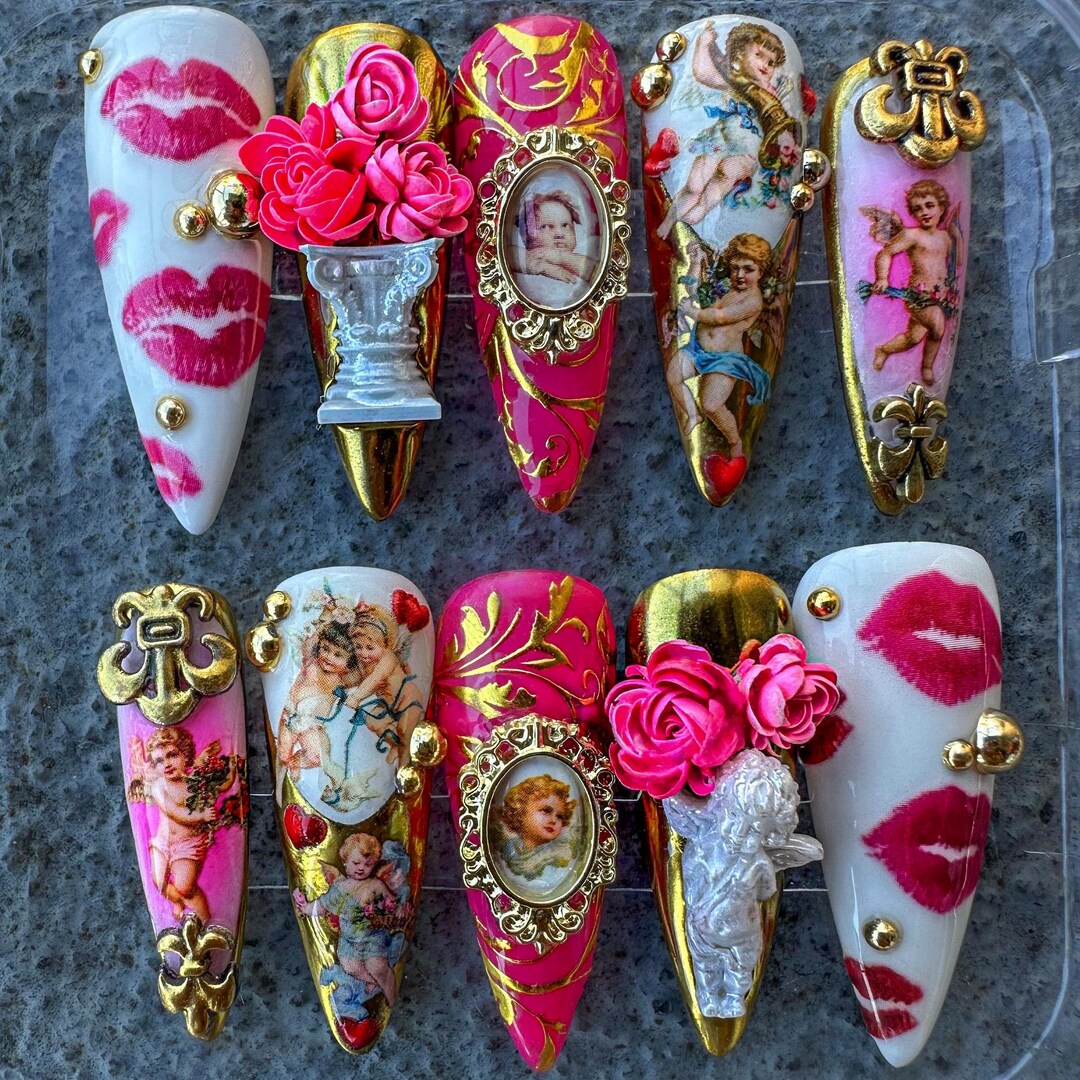Gold Chrome Renaissance Angel 3D Press on Nails Size Medium Valentines ...