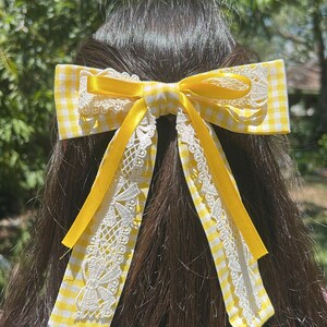 Yellow Gingham With Ribbon Hair Bow, Hair Bow for Women, Hair Bow for ...