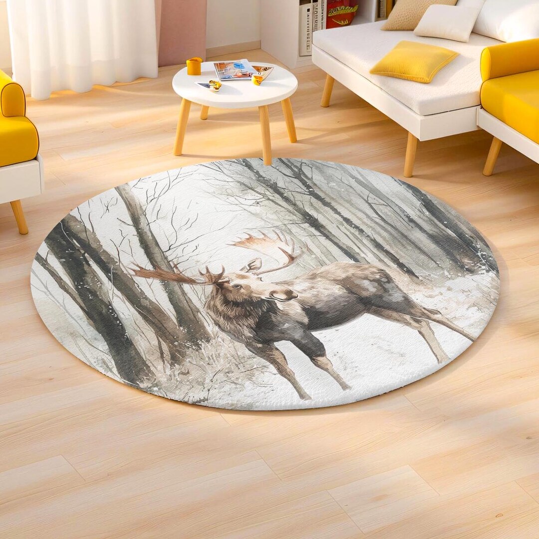 Winter Woodland Moose Round Rug - Nature-inspired Area Rug, Cozy Home ...