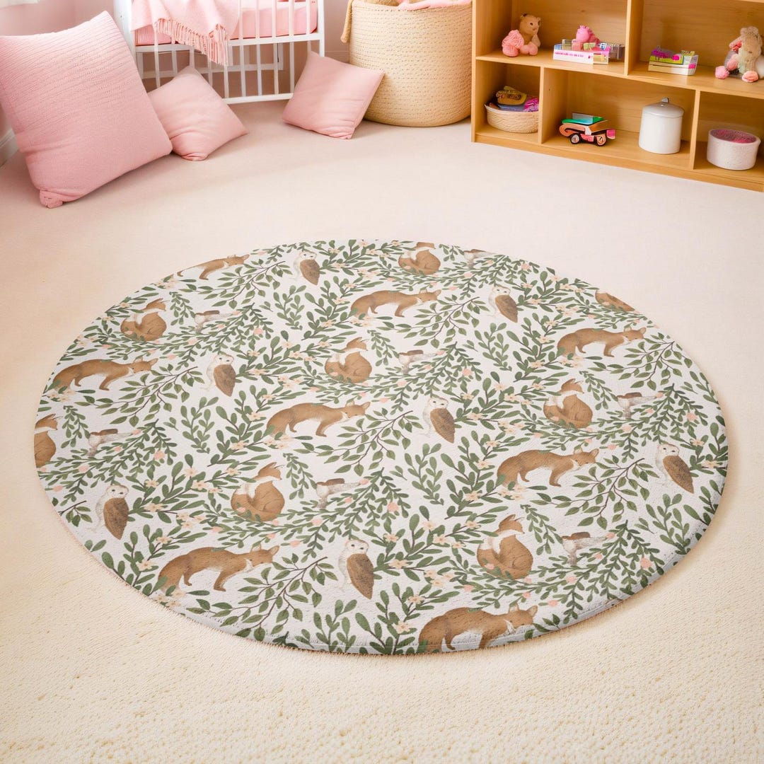 Whimsy Woodland Cottagecore Round Rug, Enchanted Forest Animals Nursery ...