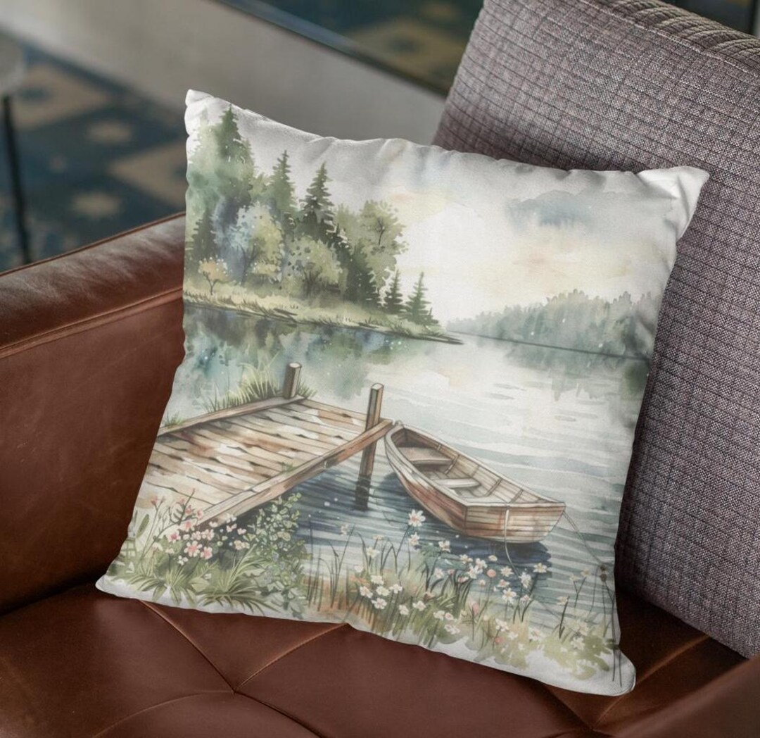 Watercolor Lake House Pillow: Spun Polyester Scenic Accent, Giftable - Etsy