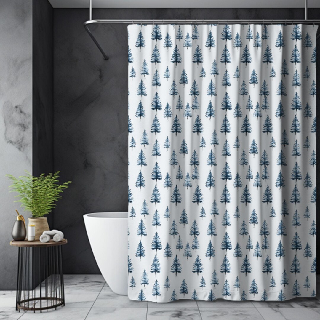 Navy Blue Pine Forest Trees Shower Curtains, Cozy Bathroom Decor, Holiday Home Accessory, Winter ...