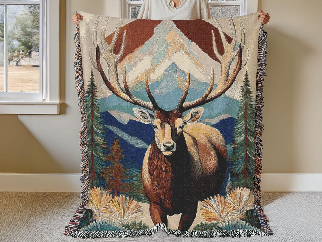 Mountain Elk Decor, Rocky Mountains, Nature Cotton Blanket, Cozy Home ...