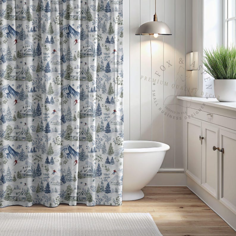 Alpine Ski Village Shower Curtain – Winter Cabin Decor, Rustic ...