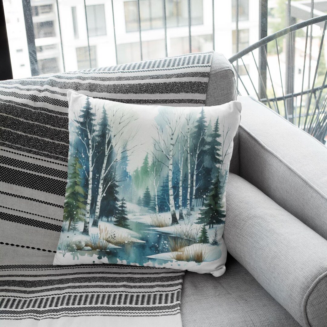 Watercolor Forest Cushion, Winter Scenery Pillow Cases, Hunting Cabin ...