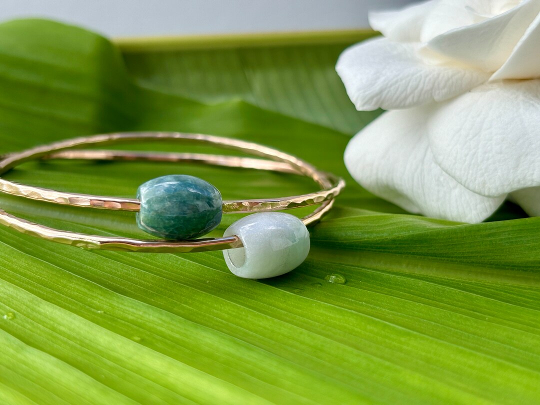 Green Jade Barrel Bead Bangle Bracelet 14k GF - Etsy