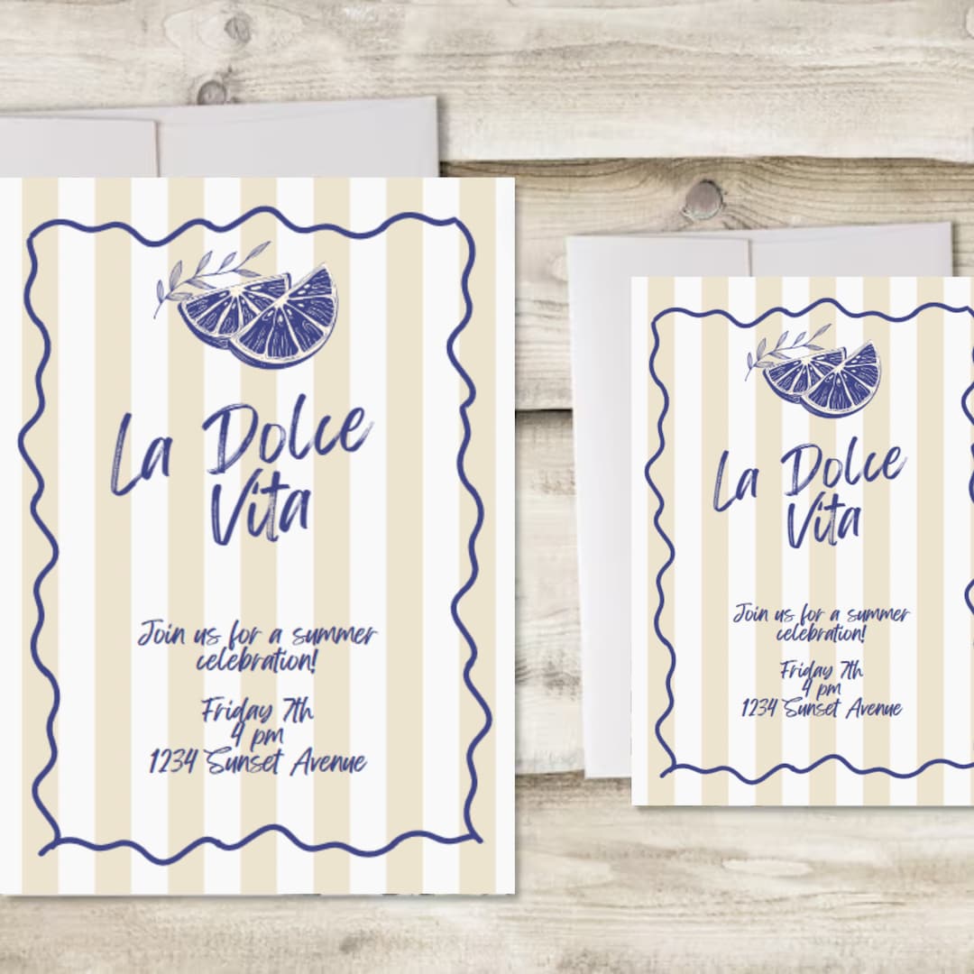 Amalfi Coast Invite, Lemon Theme, Italian Summer, Beige & White Stripes ...