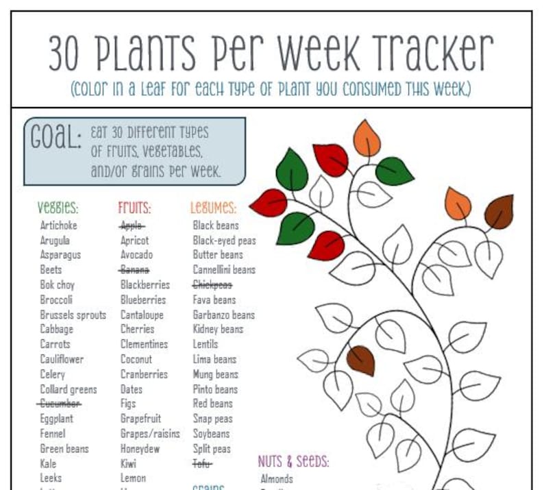 Printable 30 Plants per Week Health Tracker - Etsy