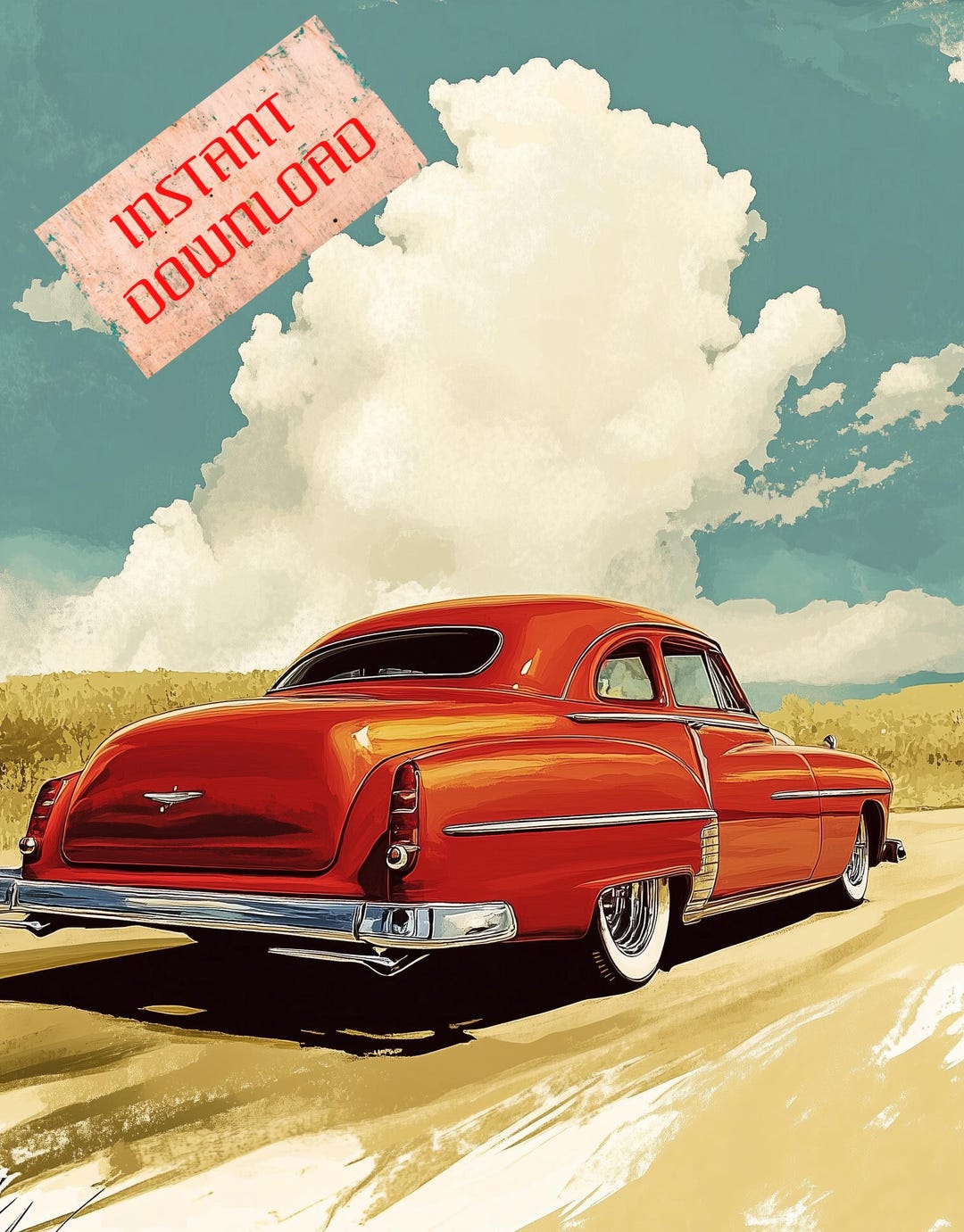 Vintage Red Car Art Print: Retro Home Decor (digital Download) - Etsy