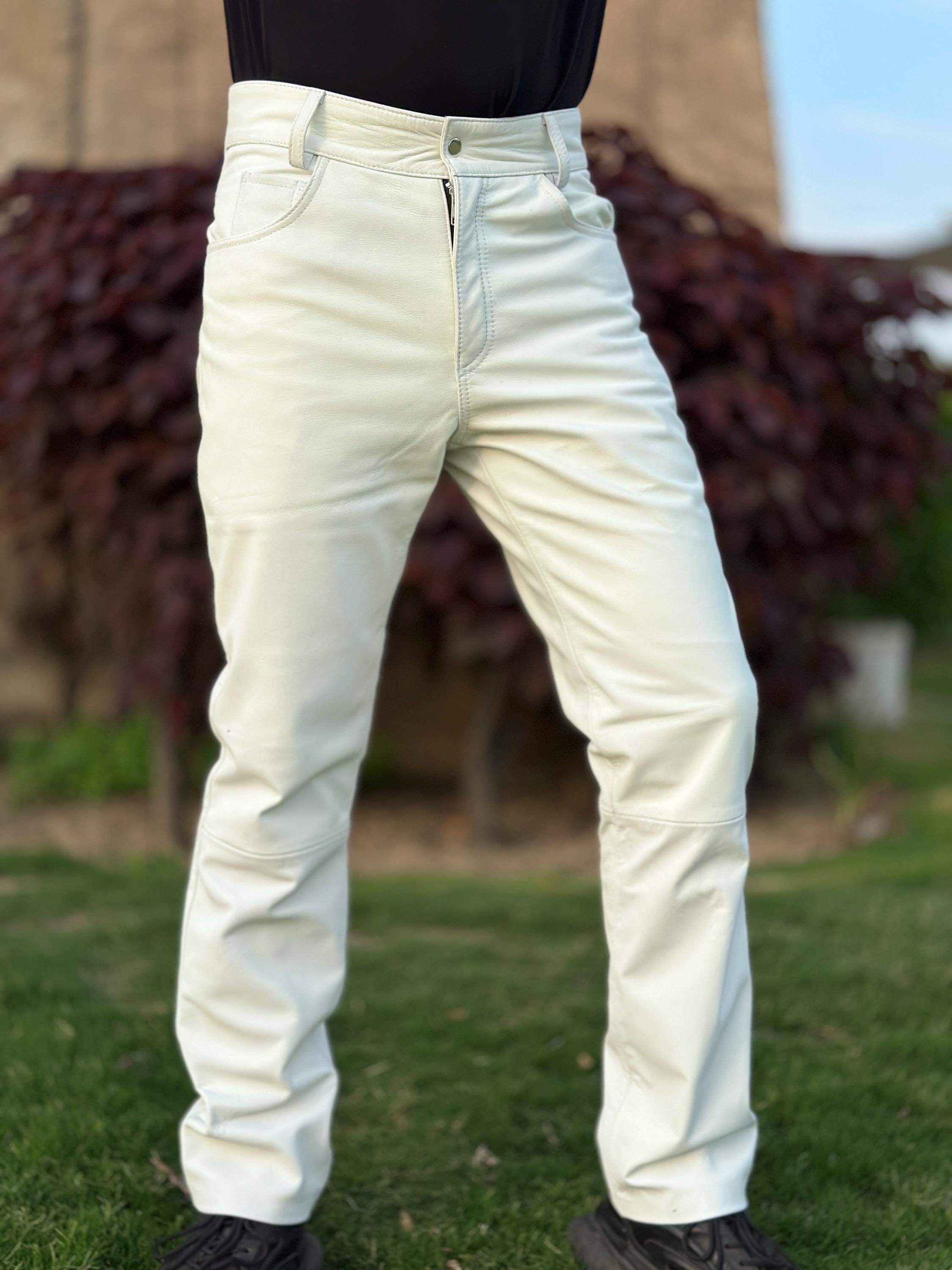 Mens white leather trousers store