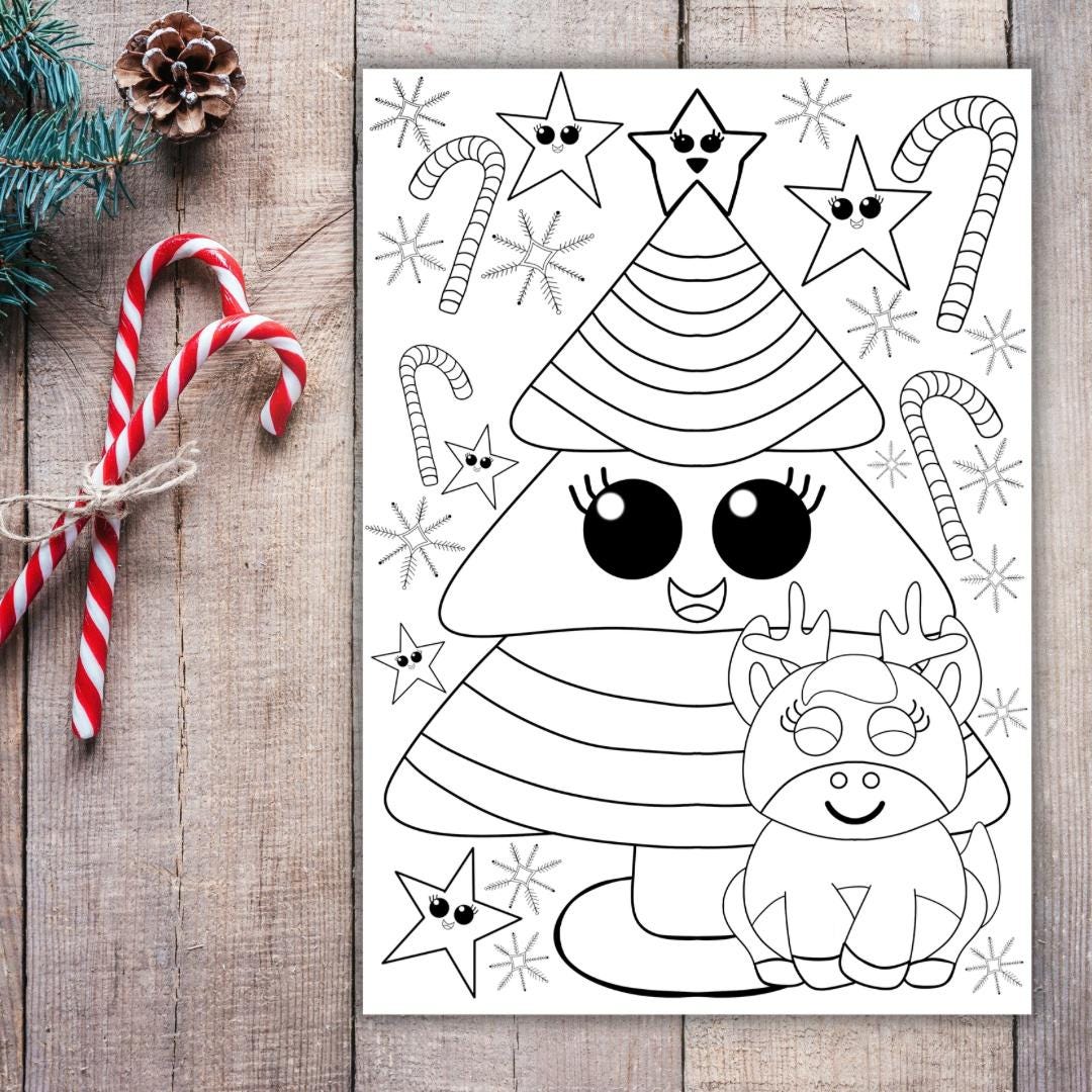 Cute Christmas Colouring Pages. Kawaii Christmas Tree, Reindeer ...