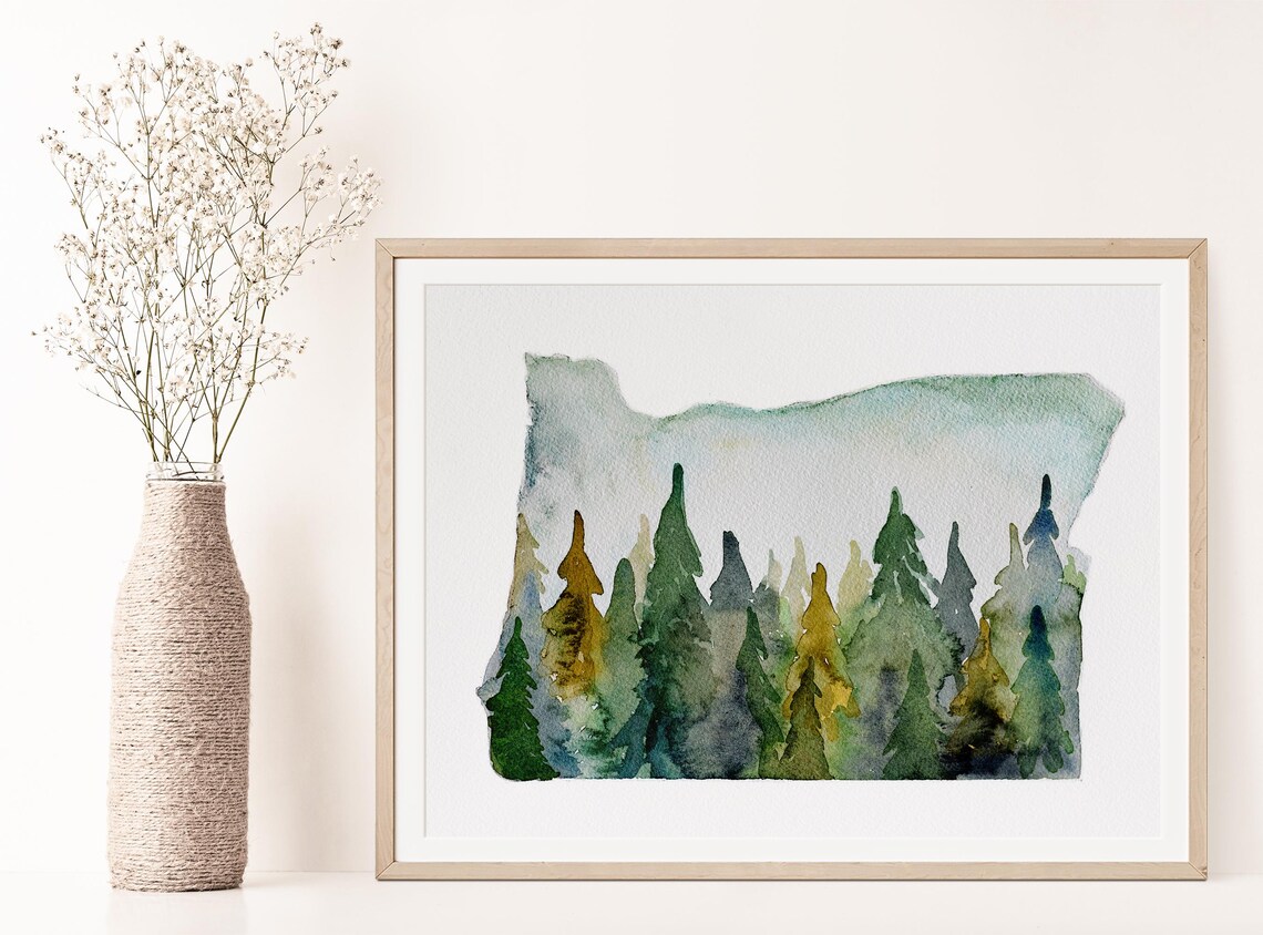 Digital Download Oregon Watercolor, Oregon Shape Painting, Tree ...