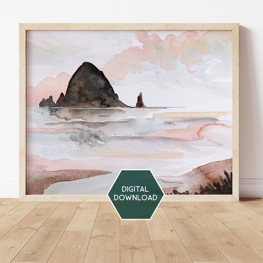 Haystack Rock Instant Download, Cannon Beach, Oregon Watercolor Wall ...