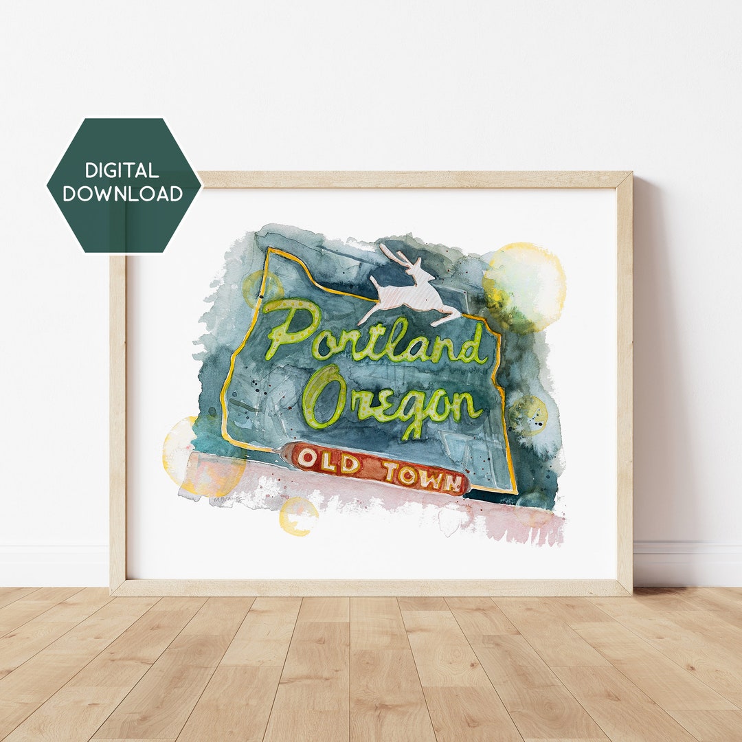 Digital Download Portland Neon Sign Print, Portland Oregon Watercolor ...