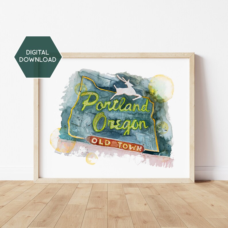 Digital Download Portland Neon Sign Print, Portland Oregon Watercolor ...