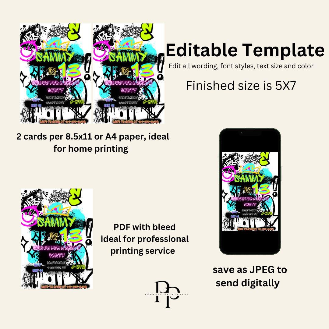 Graffiti Birthday Invitation, Editable Invitation Template, Custom 13th ...