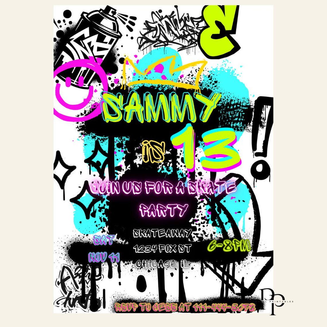 Graffiti Birthday Invitation, Editable Invitation Template, Custom 13th ...