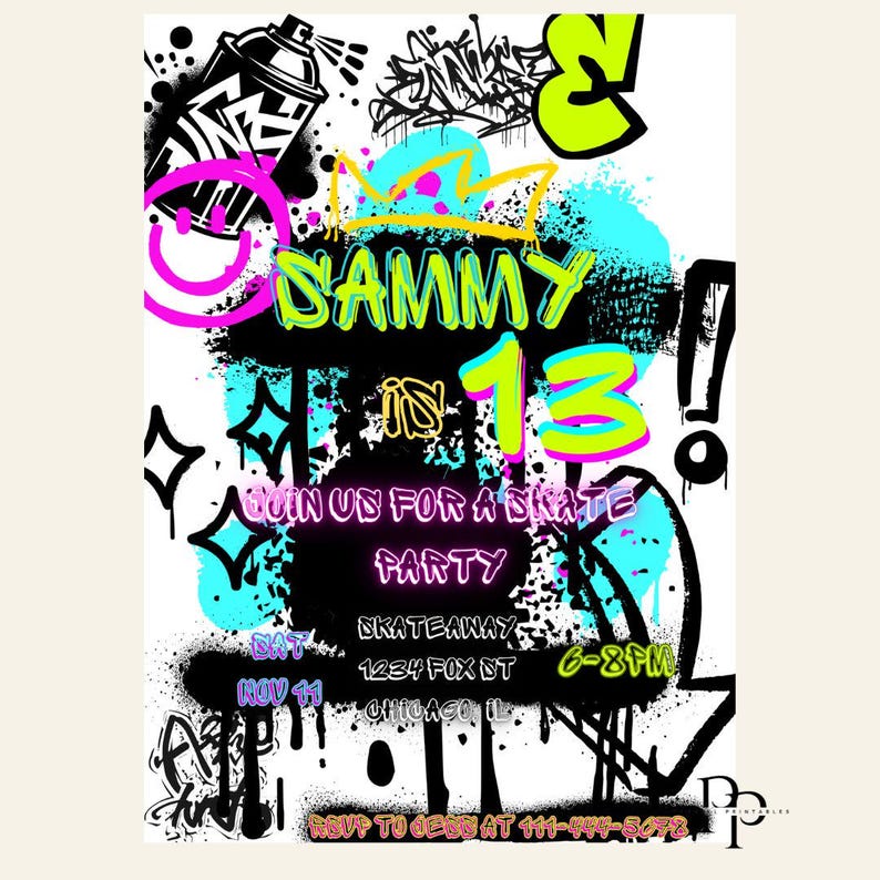 Graffiti Birthday Invitation, Editable Invitation Template, Custom 13th ...