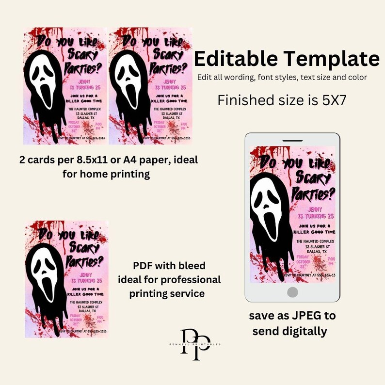Scream Birthday Invitation, Horror Party Canva Template, Ghostface ...