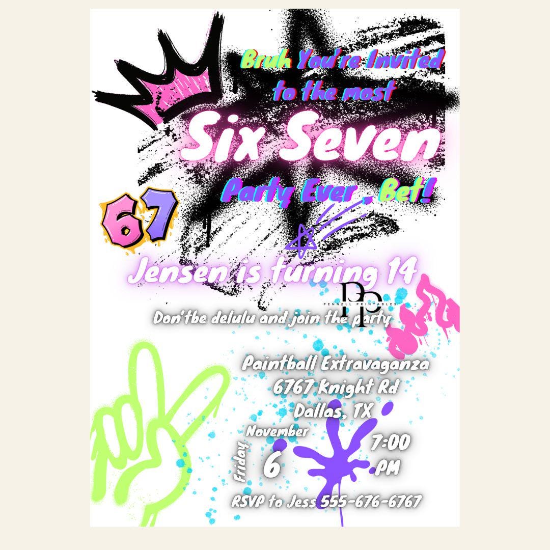 Six Seven Birthday Party Invitation, Cool Girl Teen and Kids Editable ...