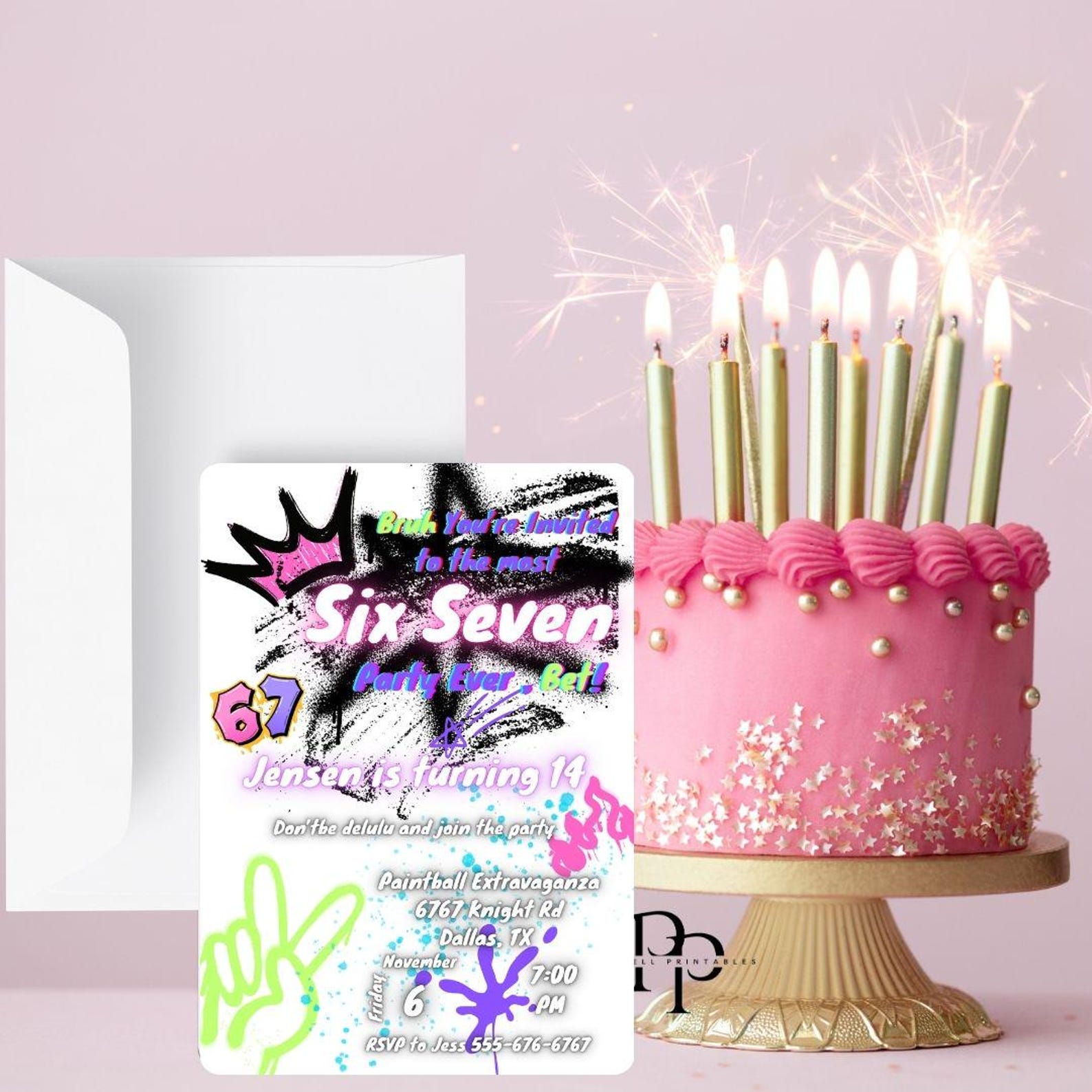 Six Seven Birthday Party Invitation, Cool Girl Teen and Kids Editable ...