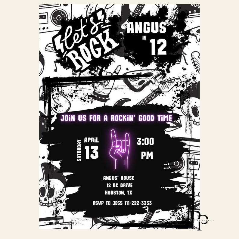 Rock and Roll Birthday Invitation: Neon Design (digital Download) - Etsy