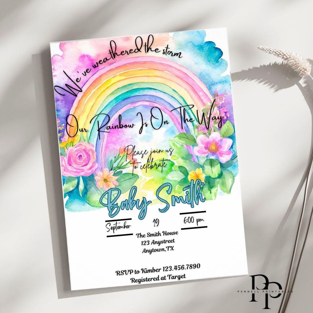 Weathered the Storm Rainbow Baby Shower Invitation, Digital Invitation ...