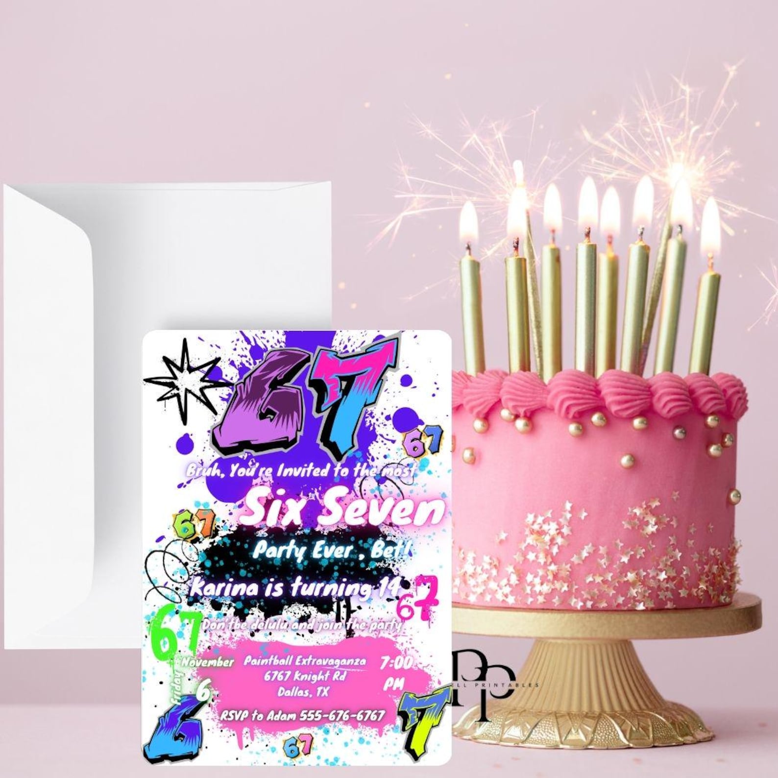 Six Seven Birthday Party Invitation, Cool Girl Teen and Kids Editable ...