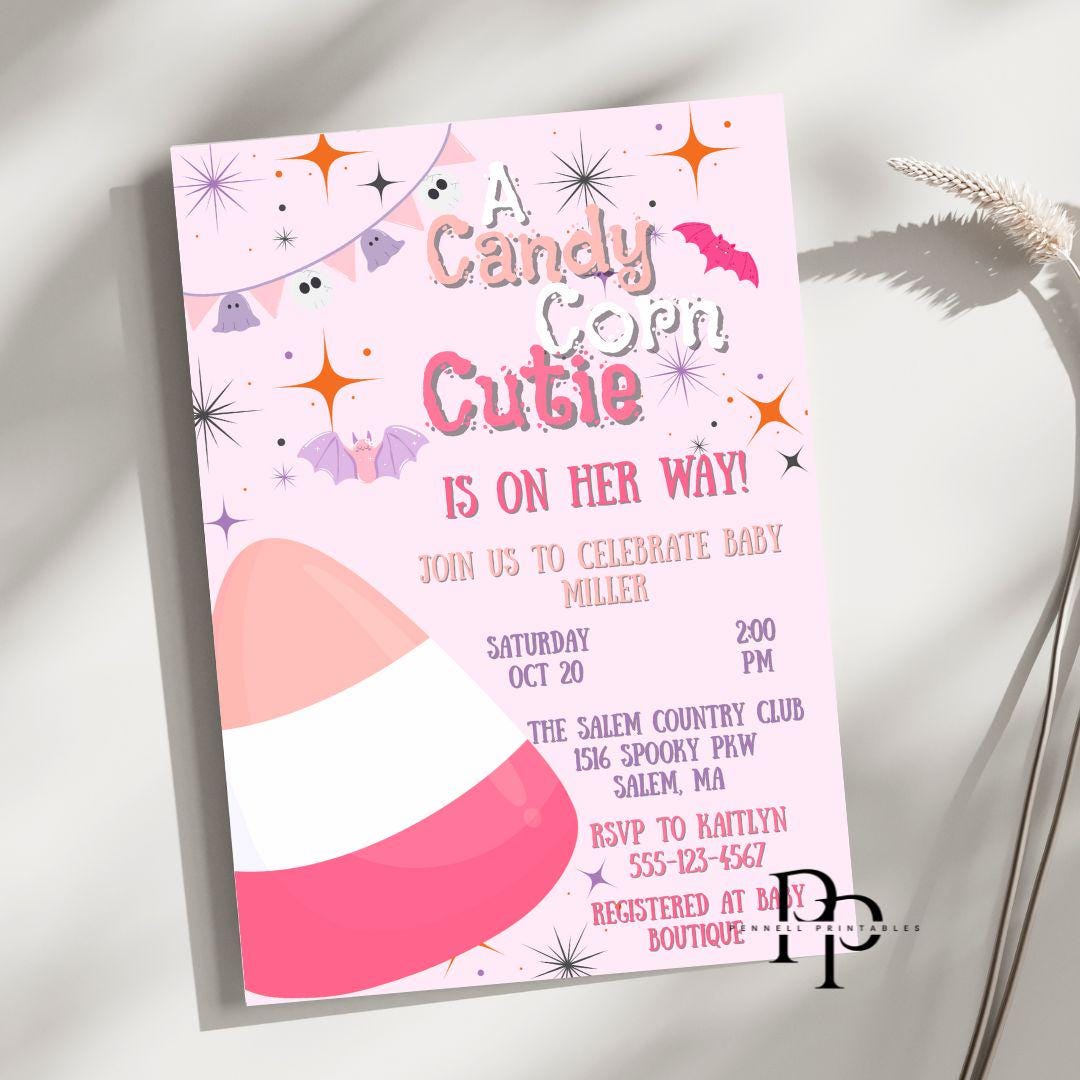 Candy Corn Baby Shower Invitation: Pink Halloween Theme (canva Template ...