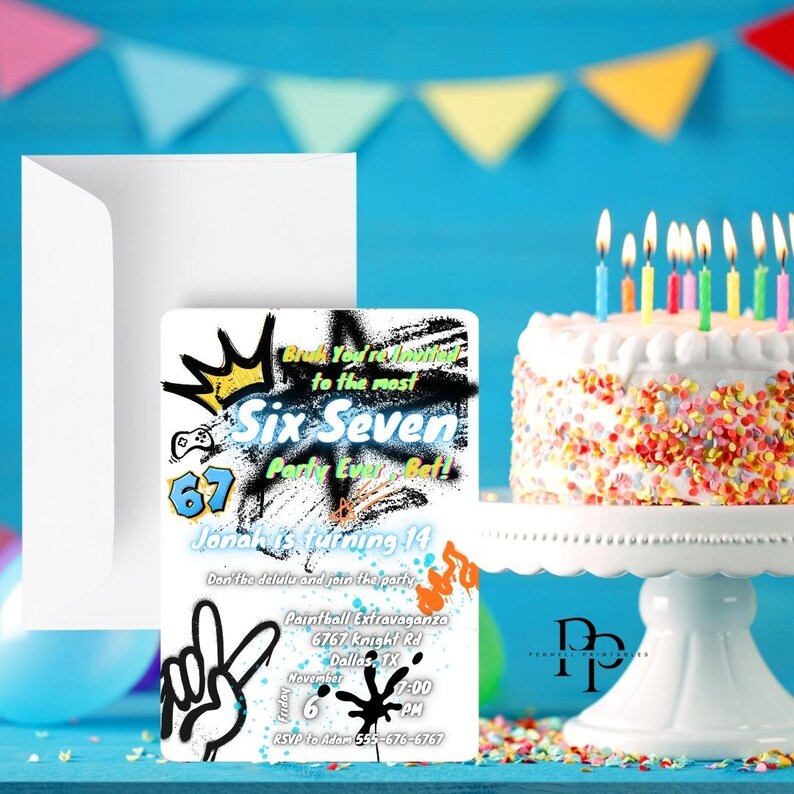 Six Seven Birthday Party Invitation, Cool Teen and Kids Editable Canva ...