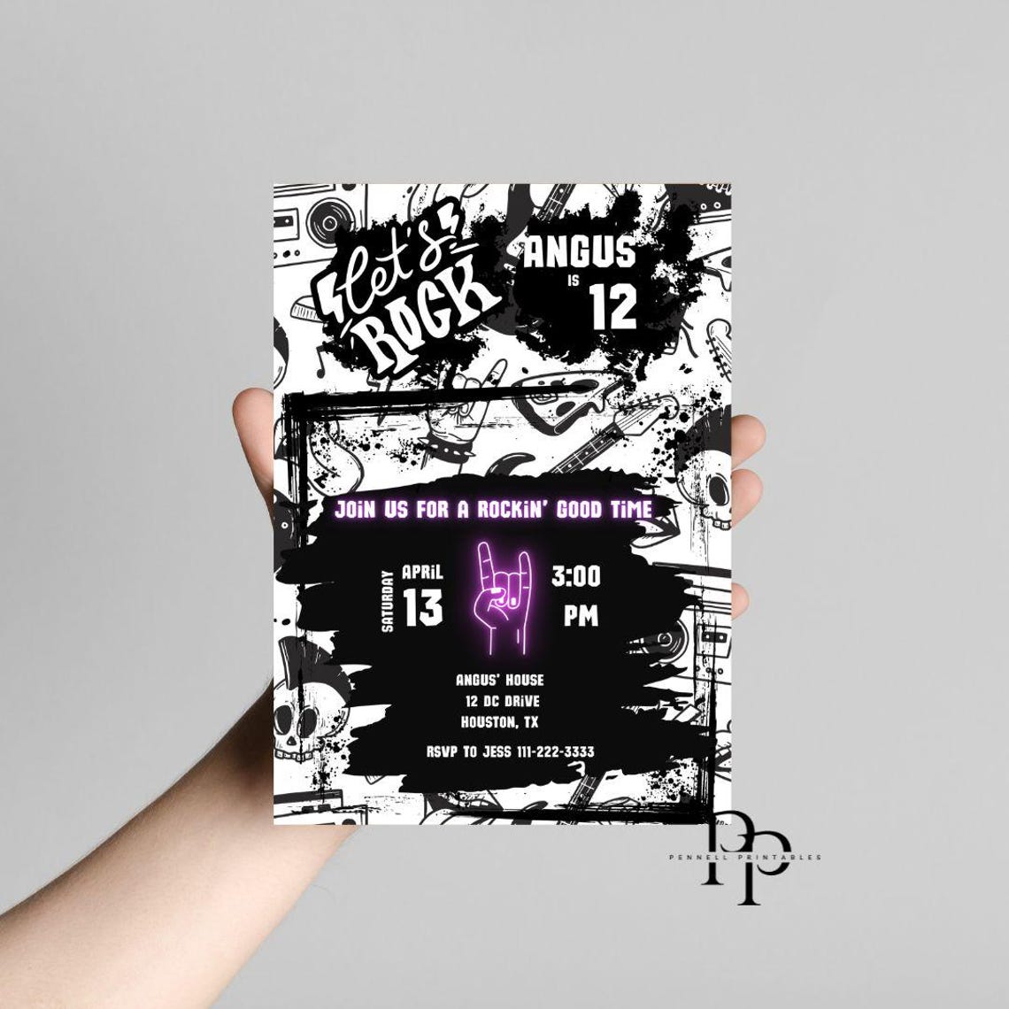 Rock and Roll Birthday Invitation: Neon Design (digital Download) - Etsy